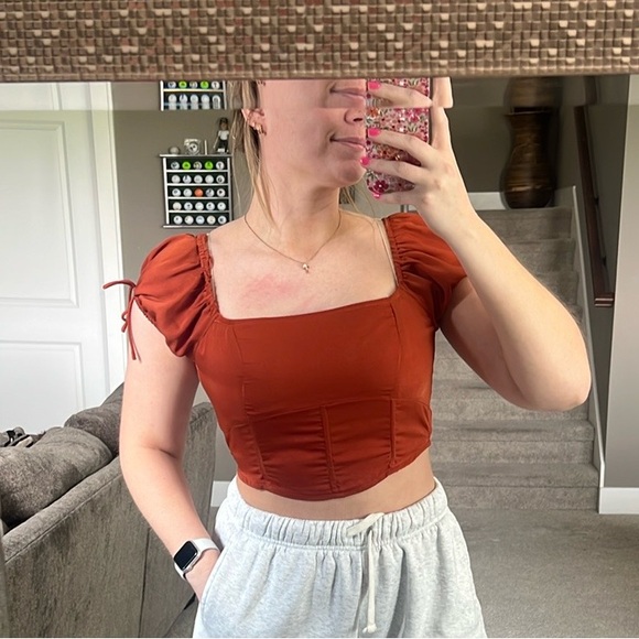 Blue Rain | Tops | Blue Rain Orange Puff Sleeve Crop Blouse | Poshmark